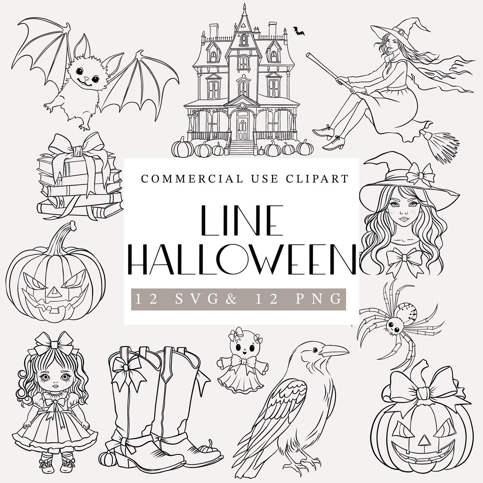 Line Halloween Clipart Set, Line Halloween Png, Pumpkin Bow clipart ...