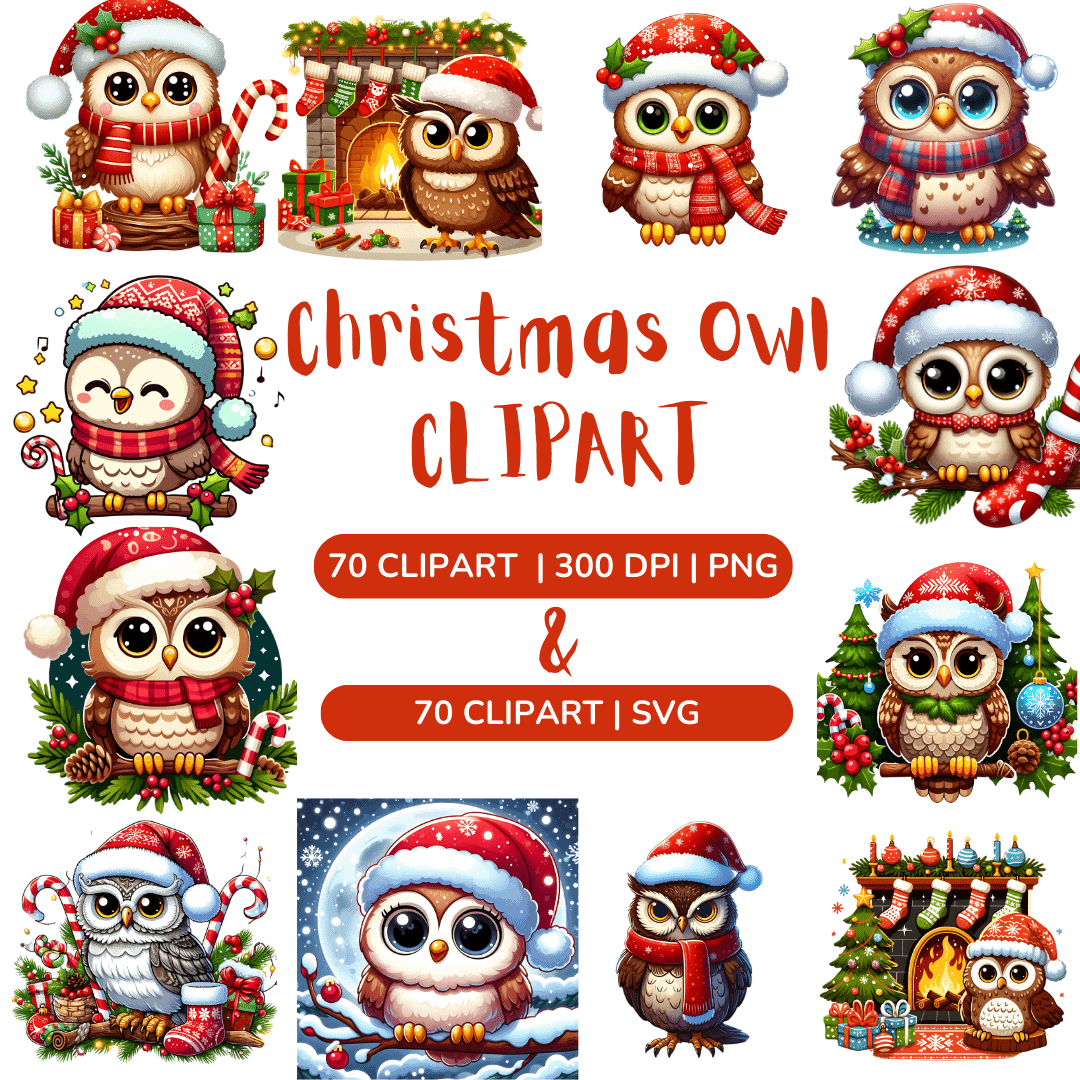 Christmas owl svg png clipart bundle | holiday winter xmas clip art ...