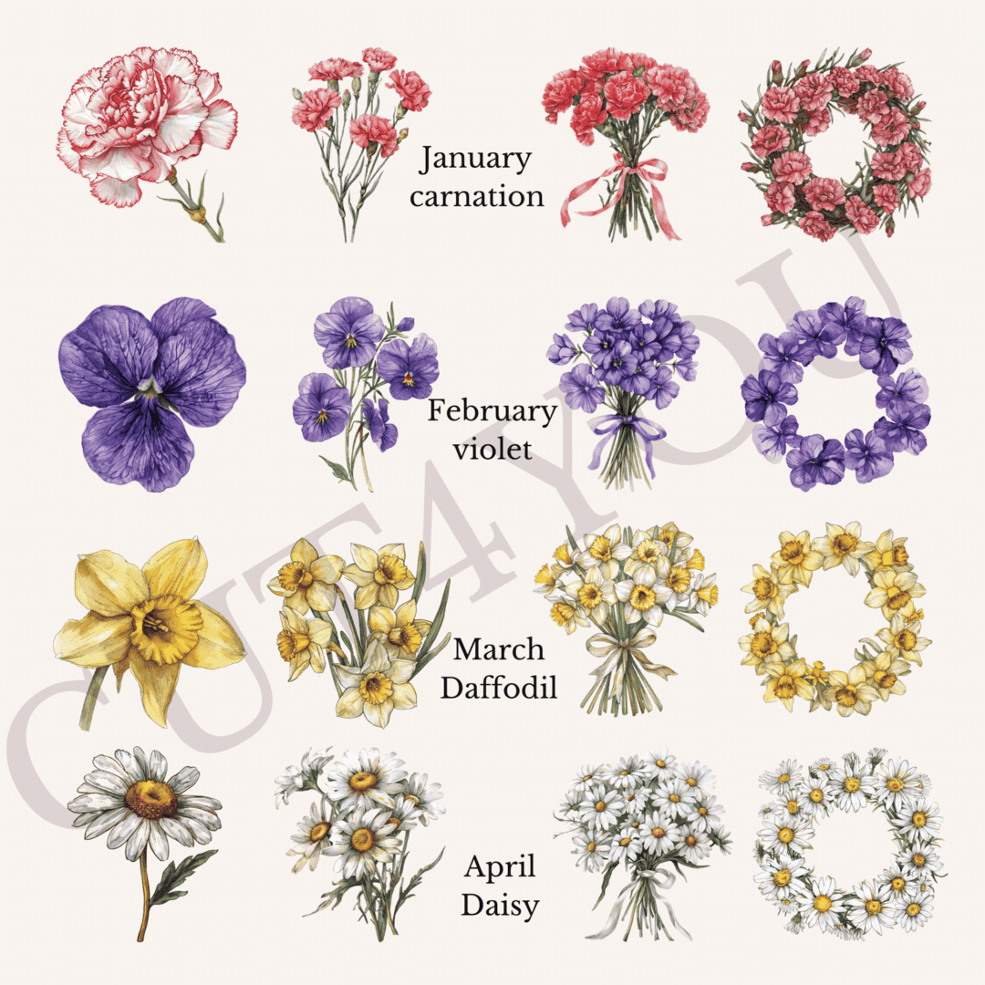 Watercolor birth months clipart, birth month flower wreath, Birth ...